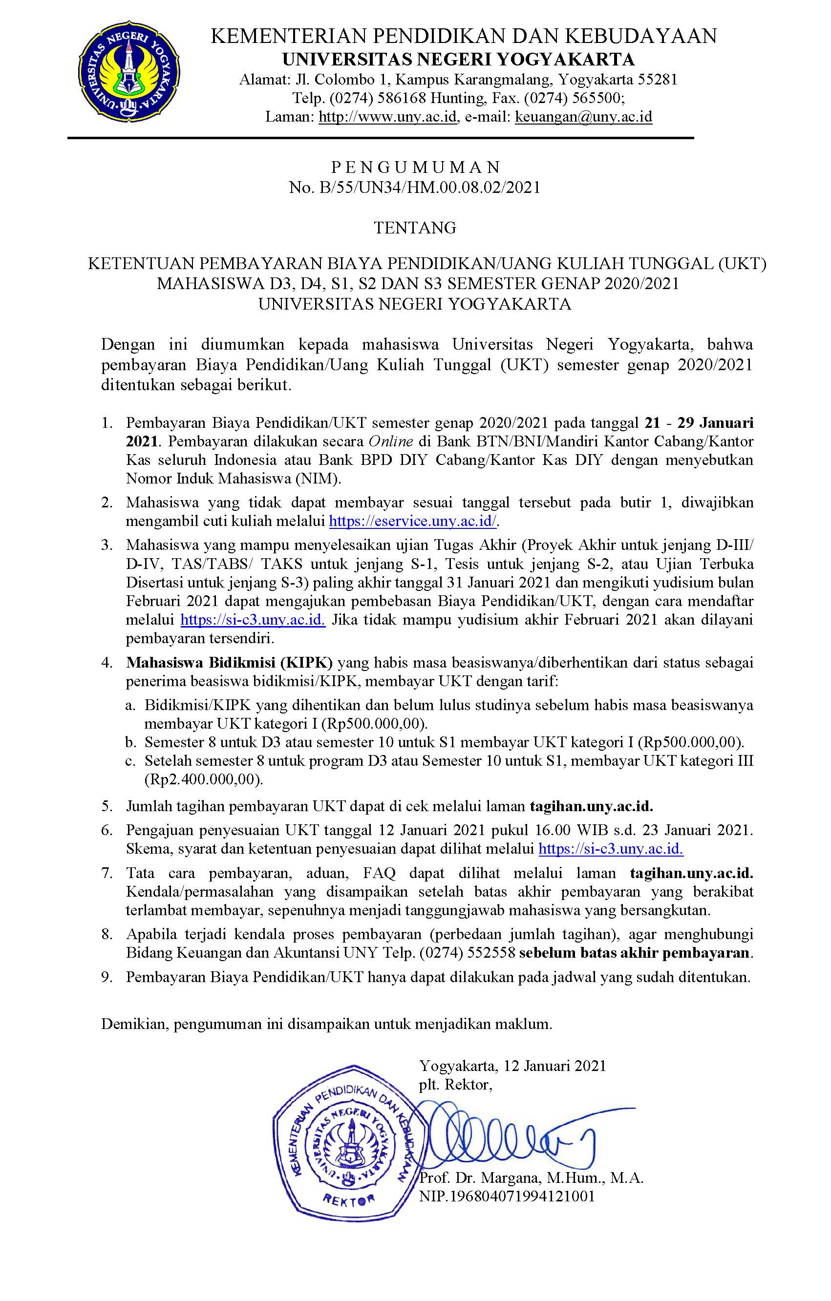 PENGUMUMAN KETENTUAN PEMBAYARAN BIAYA PENDIDIKAN/UANG KULIAH TUNGGAL (UKT) MAHASISWA D3, D4, S1 ...